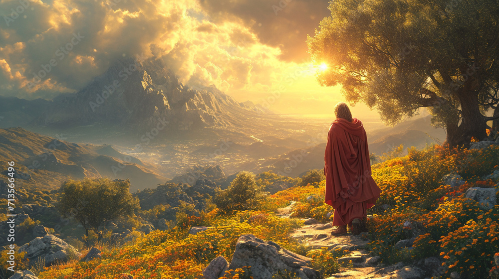 Jesus Christ on the mountain, alone with God Stock Illustration | Adobe ...