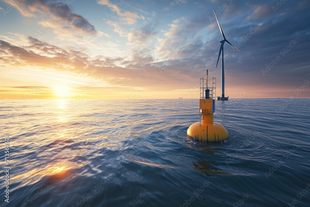 Wave energy converter floats on the ocean's surface. Wind turbine ...