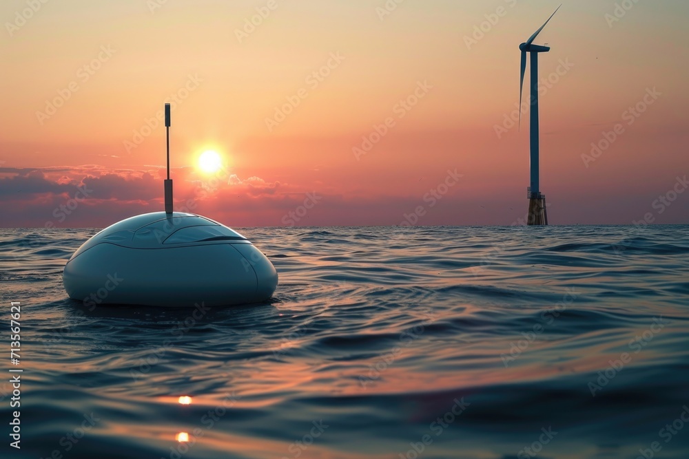Wave energy converter floats on the ocean's surface. Wind turbine ...