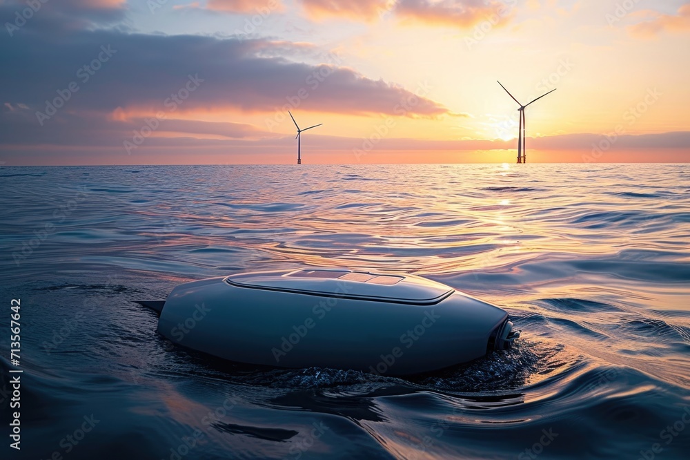 Wave energy converter floats on the ocean's surface. Wind turbine ...