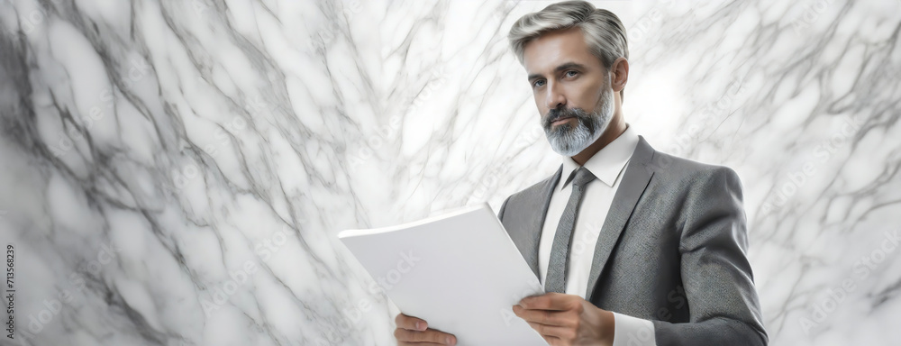 Professional business man in a suit reviewing paper documents against a ...
