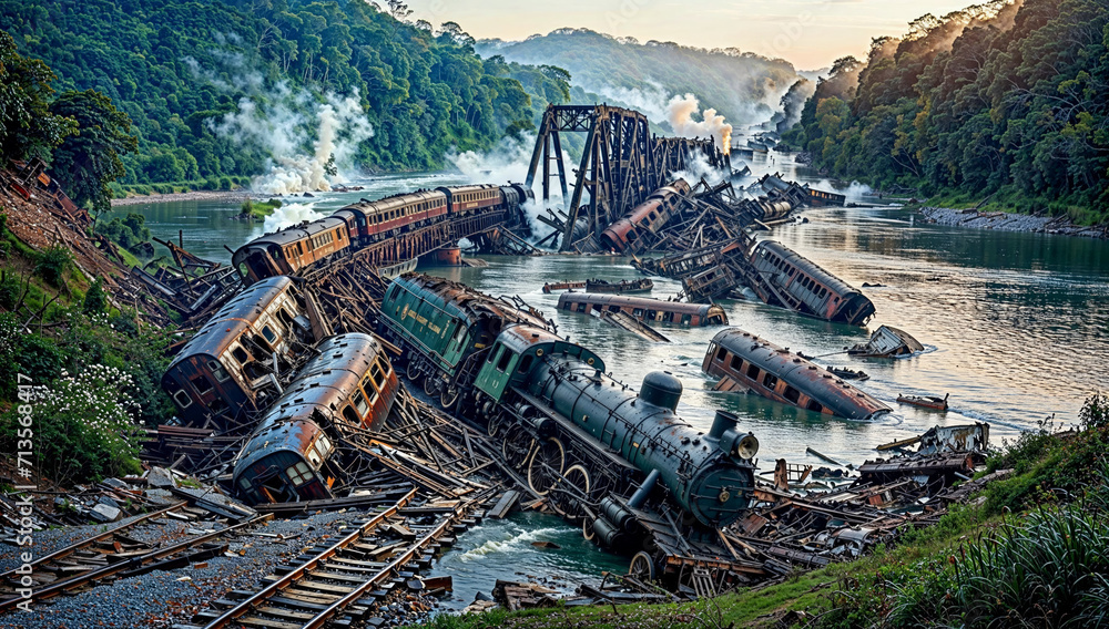Train wreck, chaotic embrace of human machinery and untamed nature ...