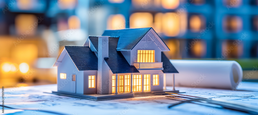 architectural model of houses on blueprint draw, banner layout for ...