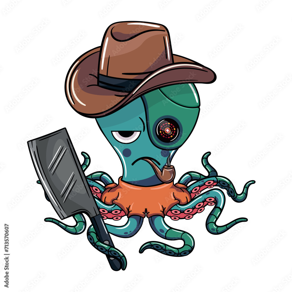 Octopus cartoon comic cyborg gangster with cowboy hat, smoking a pipe ...