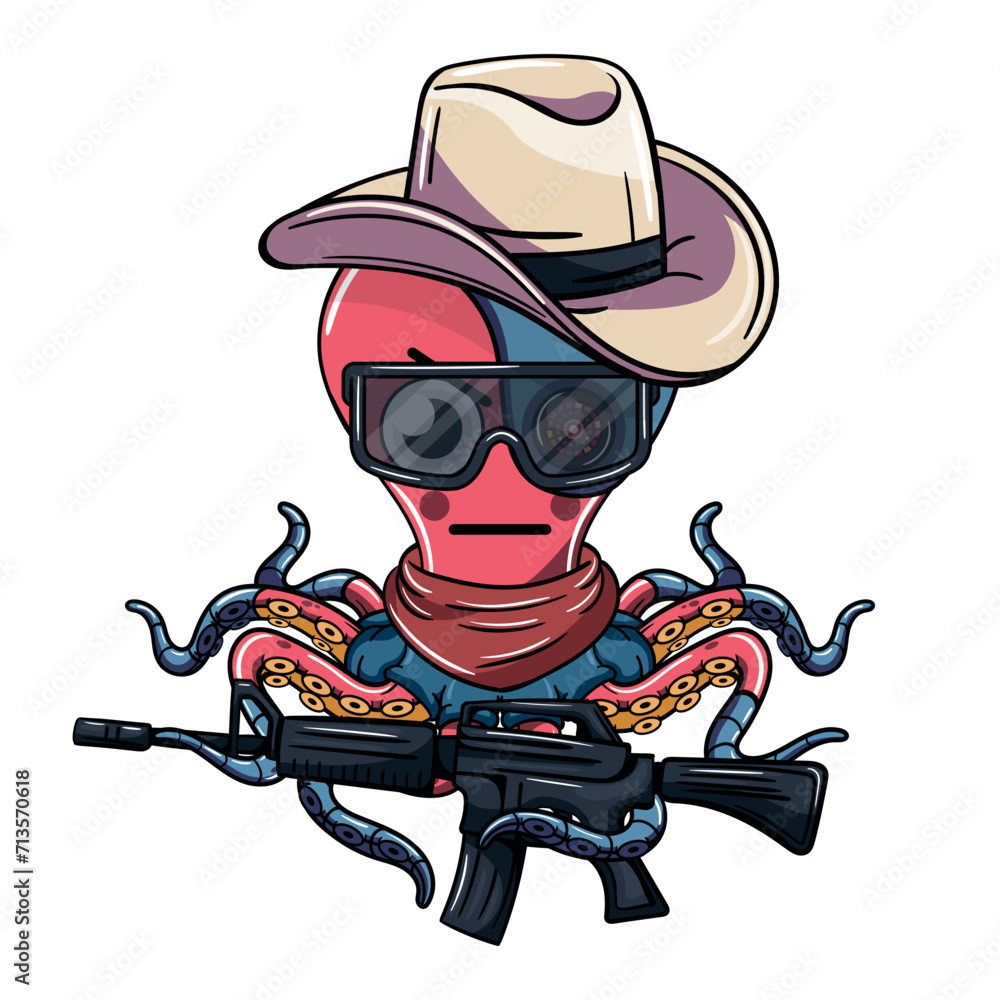 Octopus cartoon comic cyborg with an old west cowboy hat, with glasses ...