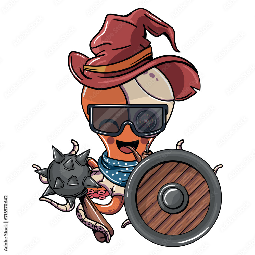 Octopus cartoon comic cyborg with a red witch hat, smoking a pipe, a ...