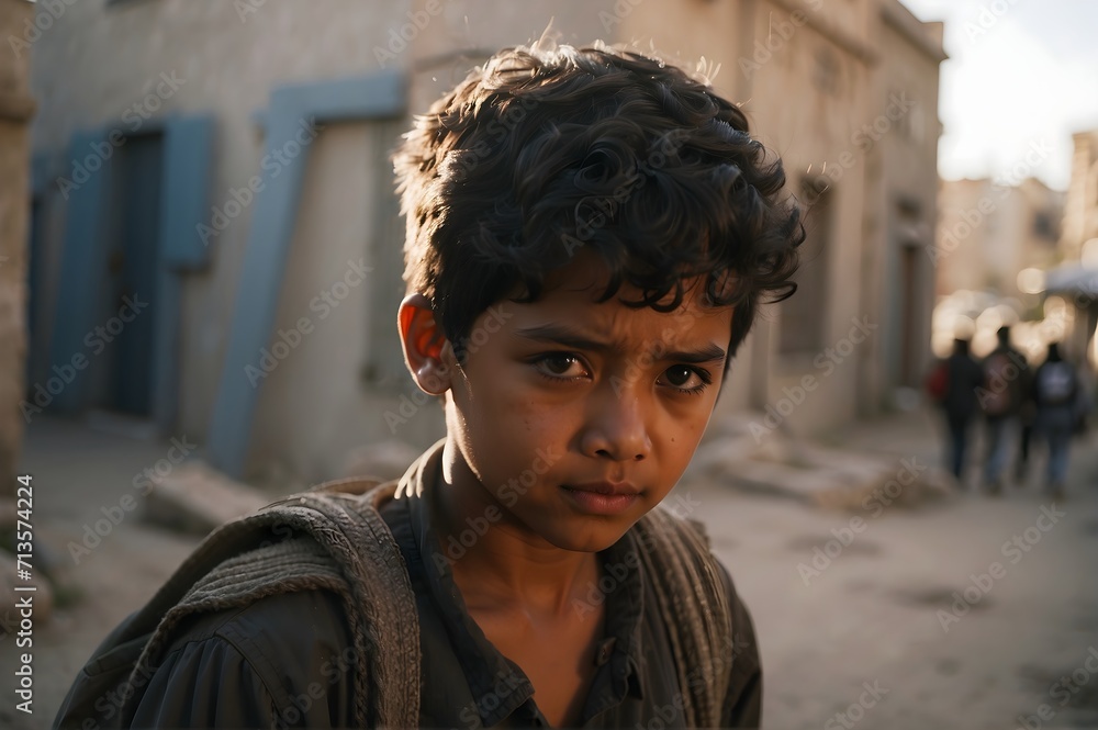 Close-up portrait of a poor Palestinian boy wearing a keffiyeh ...