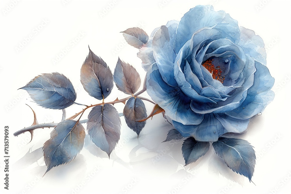 turquoise rose with leaves. elegant design. Isolated on white ...