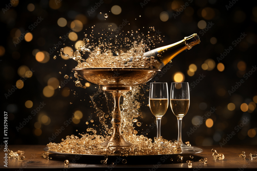 An elegant champagne tower with cascading bubbles, surrounded by golden ...