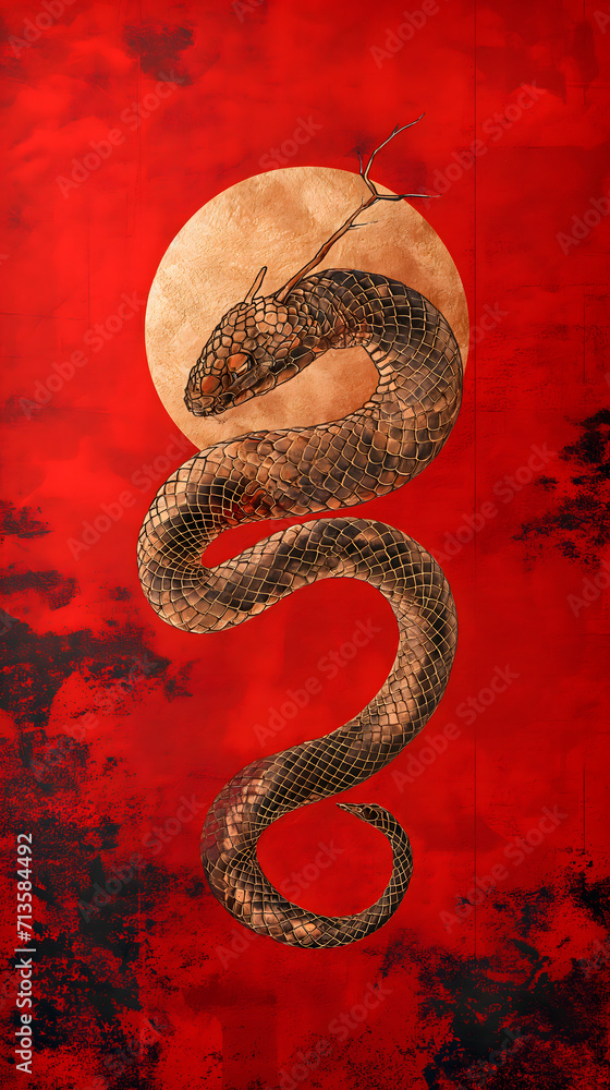 Serpiente china dorada sobre fondo rojo como símbolo del zodiaco chino Stock Illustration ...