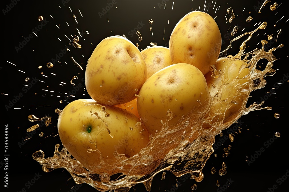 Potatoes flying in the air with water splashing around, creative food ...