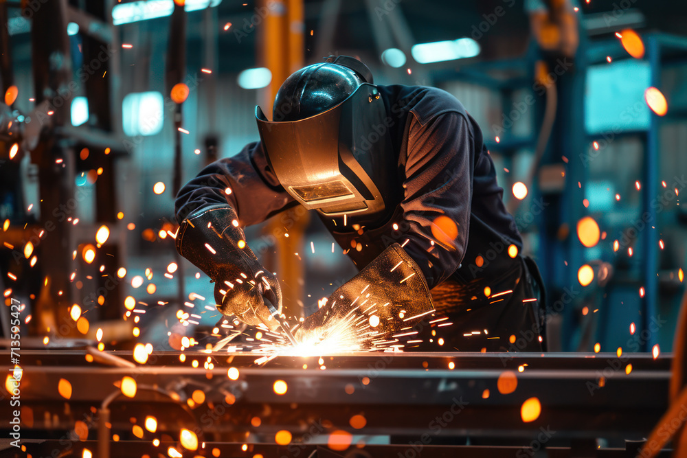 The welder works in the workshop. The moment of welding of metal ...