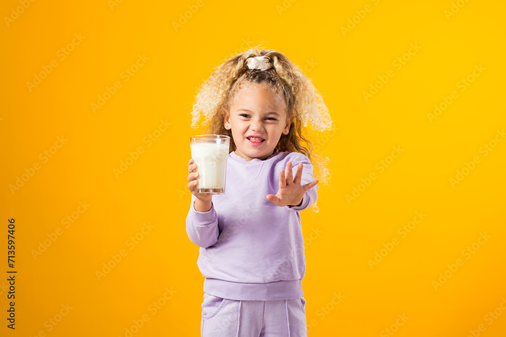 Young Girl Expressing Dislike with a Glass of Milk . Illustrating ...