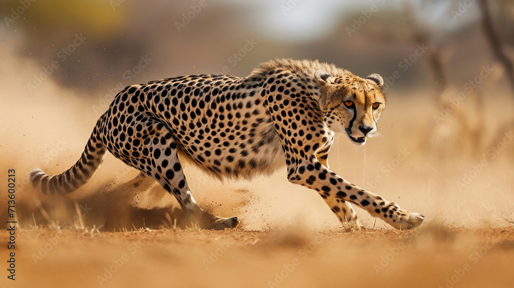 Powerful cheetah sprinting across the African savannah, emphasizing the ...
