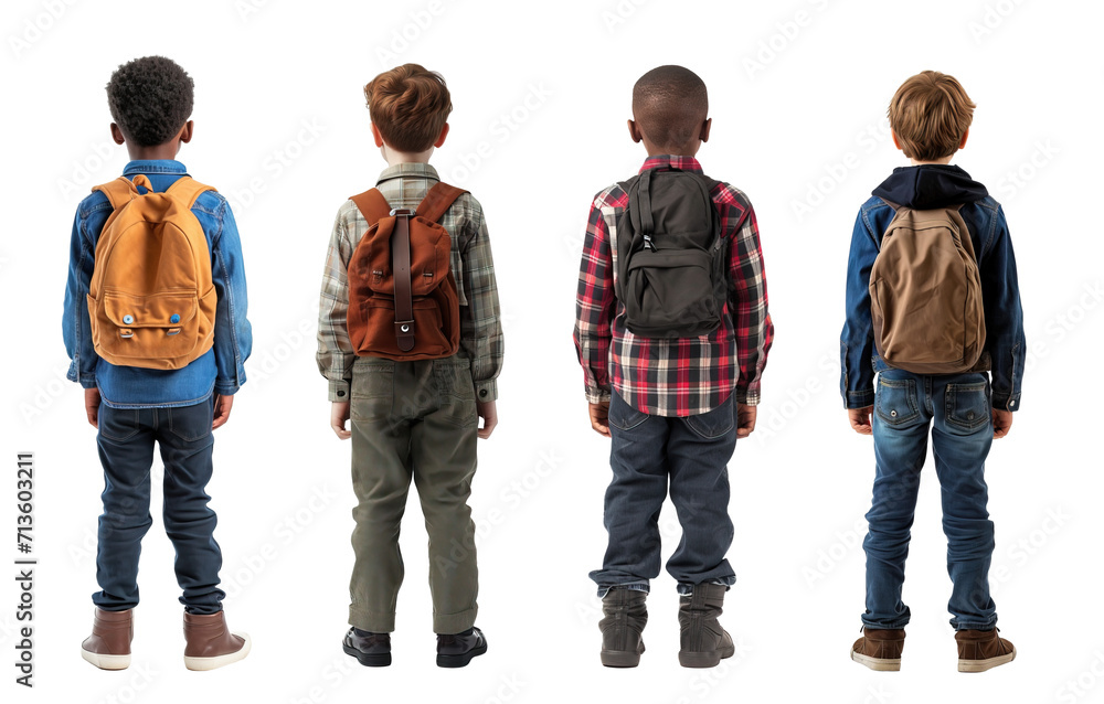 Back view full body shot of different multi ethnic school boys over ...