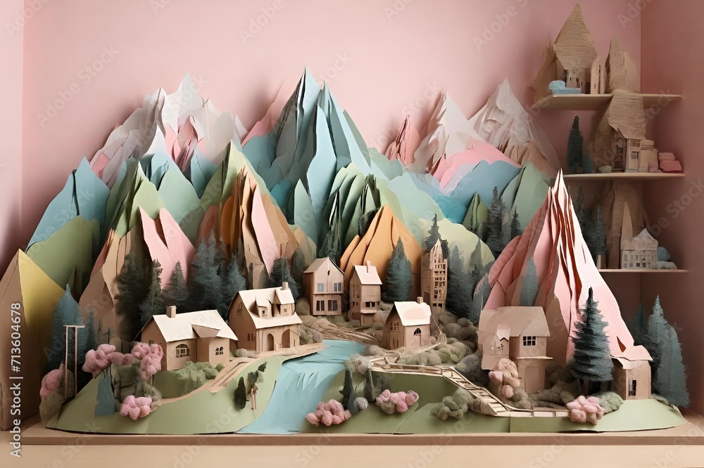 Cardboard Mountain Retreat. A serene cityscape at the base of towering ...