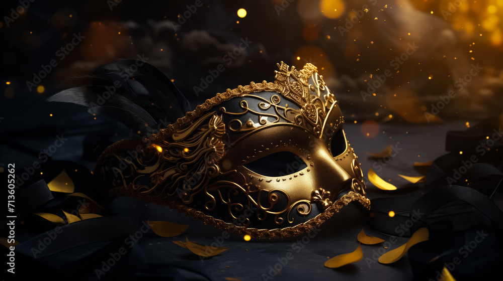 Festive Golden Masquerade Mask for Carnival. On a Dark Background with ...
