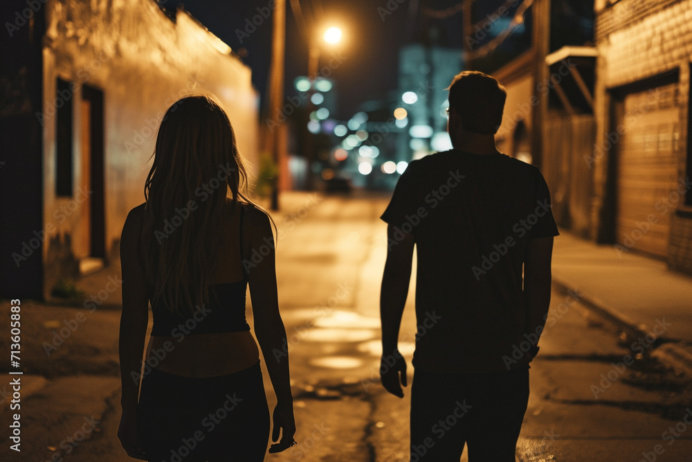 Man following woman in dark street, night, stalking, crime, mugger ...