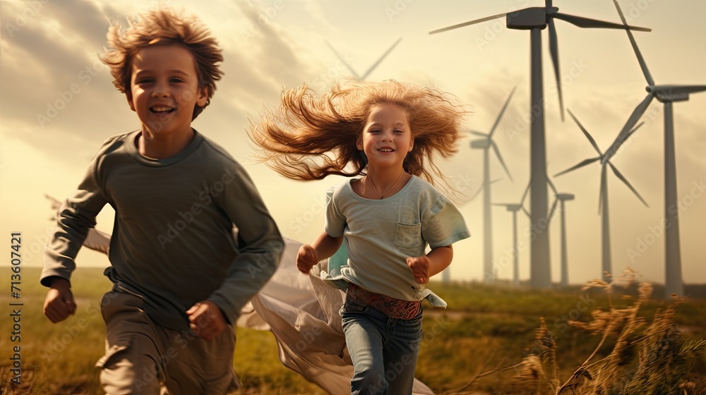 little girls and boys running in front of windmills. To capture the ...