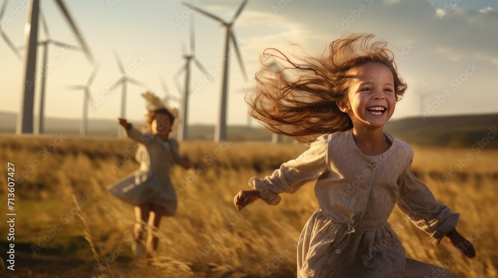 little girls and boys running in front of windmills. To capture the ...