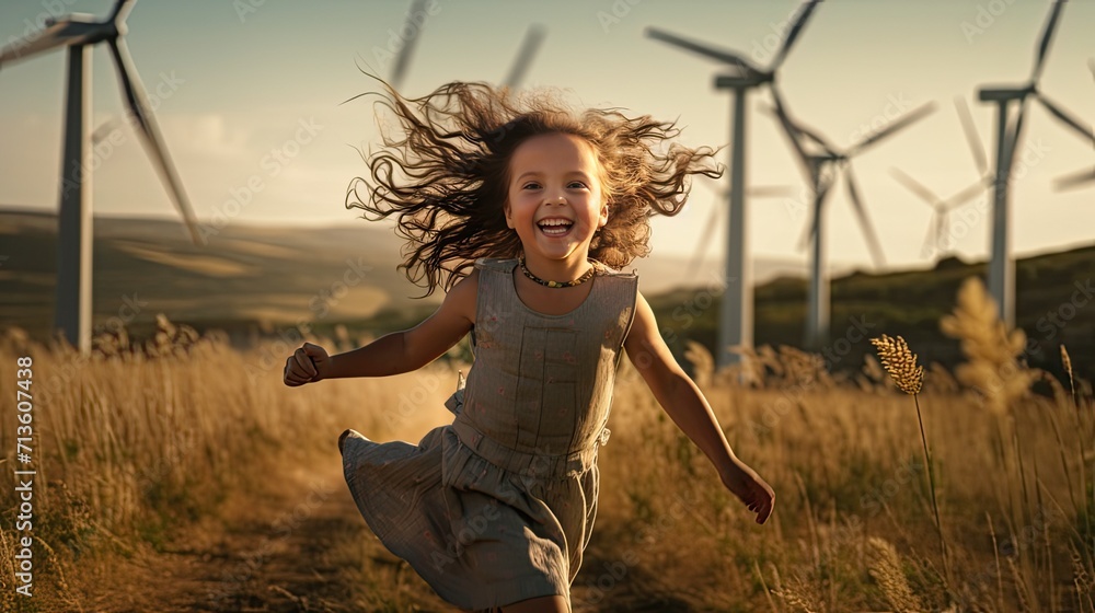 little girls and boys running in front of windmills. To capture the ...