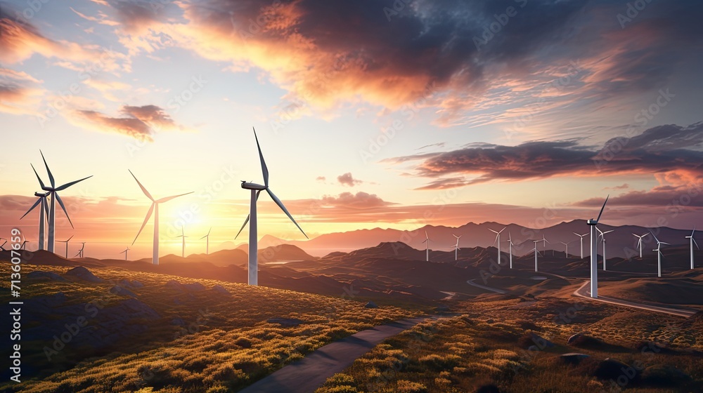 wind farm during golden hour to achieve warm and soft lighting. The ...
