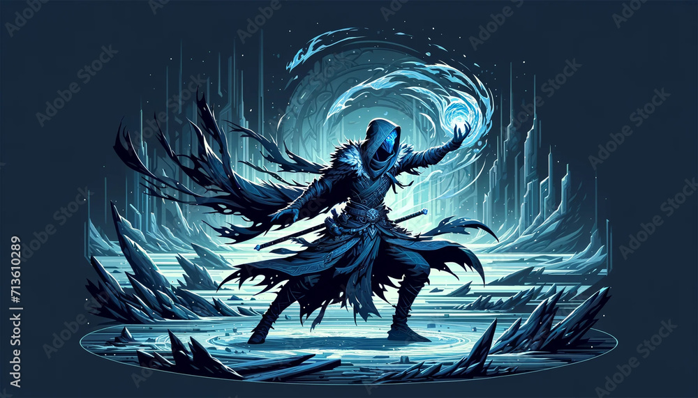 Vector flat illustration of a dark character, a human ice wizard, in a ...