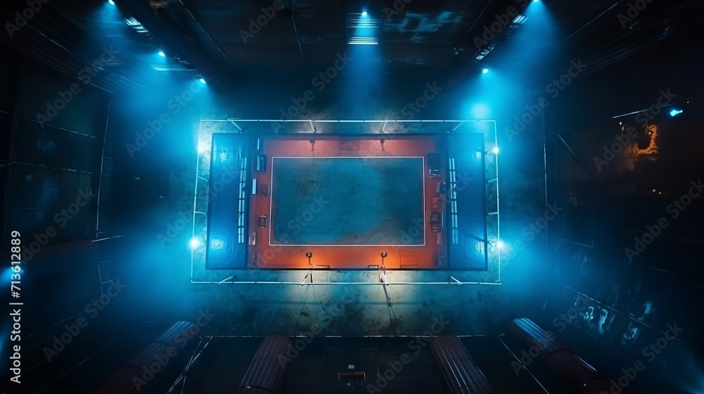 Aerial view of an empty boxing ring with blue lighting and mist ...