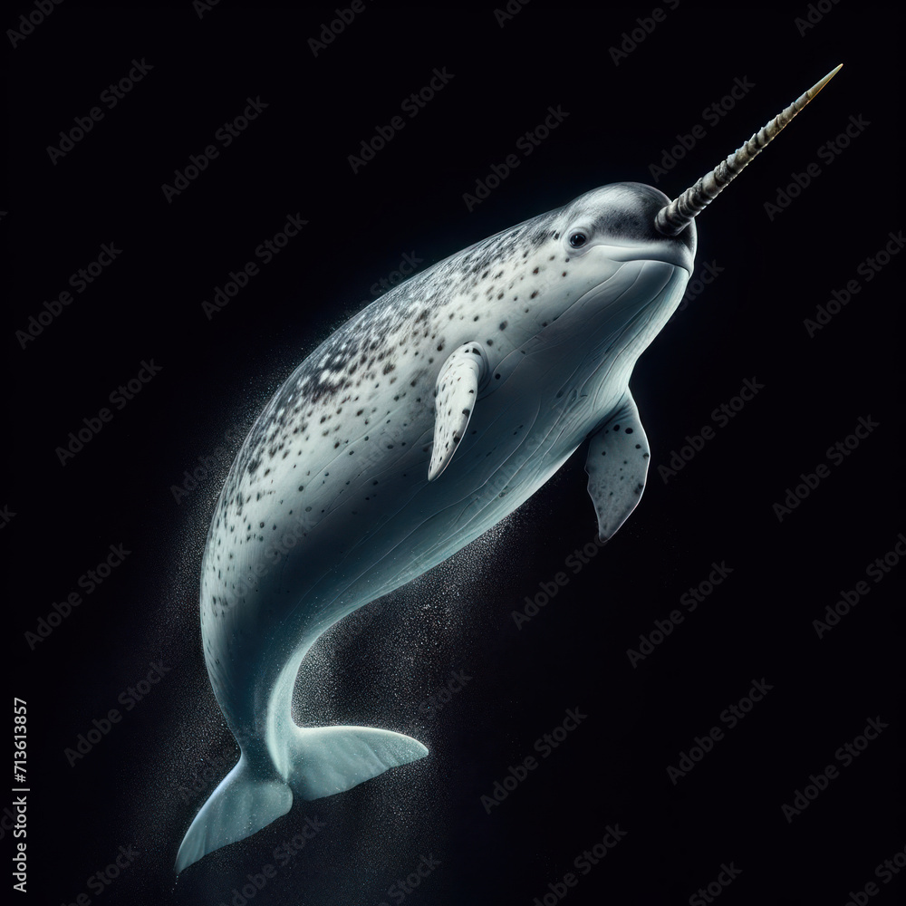 narwhal, Monodon monoceros, Narval, Нарвал, Paus Bor, Isolated on black ...