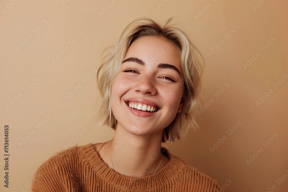 Smiling pretty gen z blonde young woman, cute happy 20s european ...