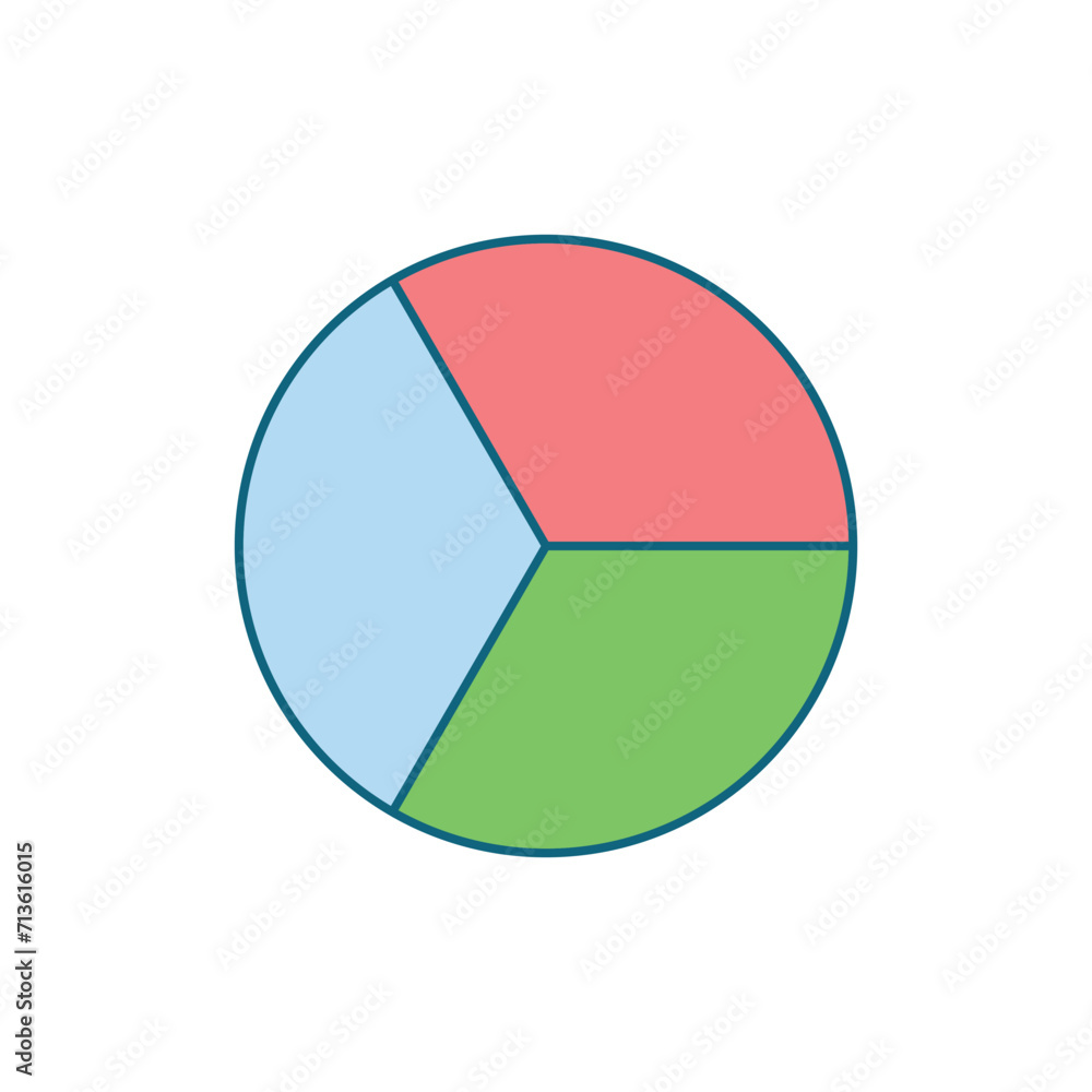 Circle divided into three equal segments. One third fraction circle ...