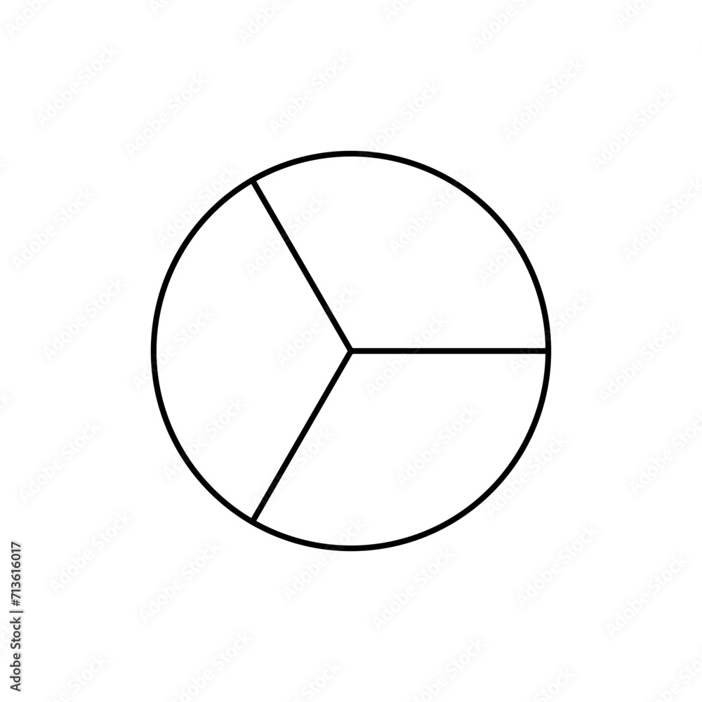 Circle divided into three equal segments. One third fraction circle ...