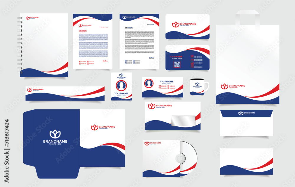 set of corporate office stationery designs. red blue and white color ...