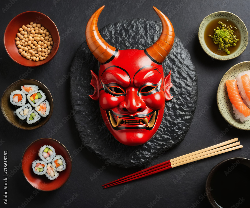 Setsubun celebration, an Oni Demon mask laying on a black stone table with soybeans and sushi ...