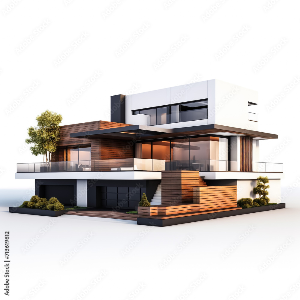 3D illustration, architecture, box style, modern three-storey house ...
