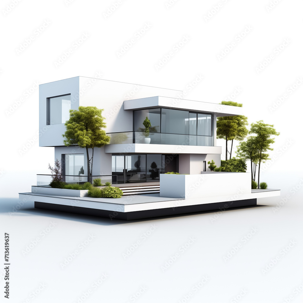 3D illustration, architecture, box style, modern three-storey house ...