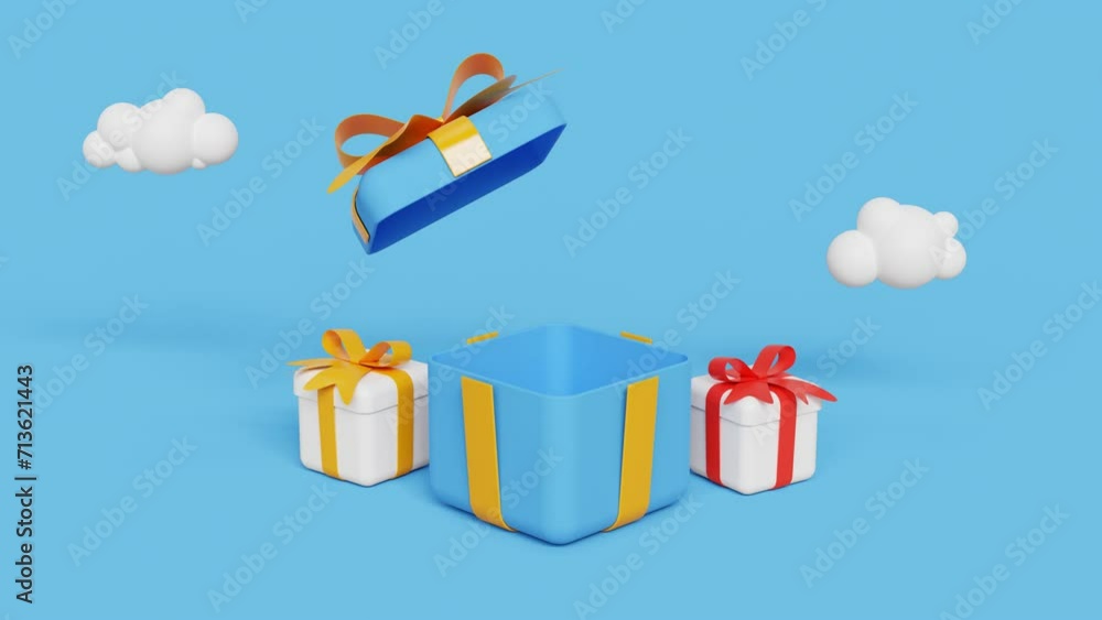 Opening empty gift box or present box with yellow ribbons and bow ...