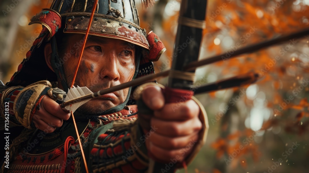 Archery Mastery: A Samurai Archer, Adorned in Traditional Armor, Points ...