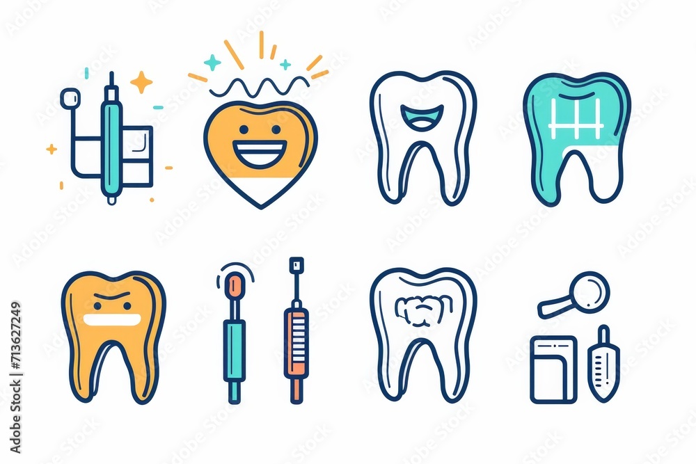Whimsical cartoon icons of teeth and dental tools, hand-drawn by a ...