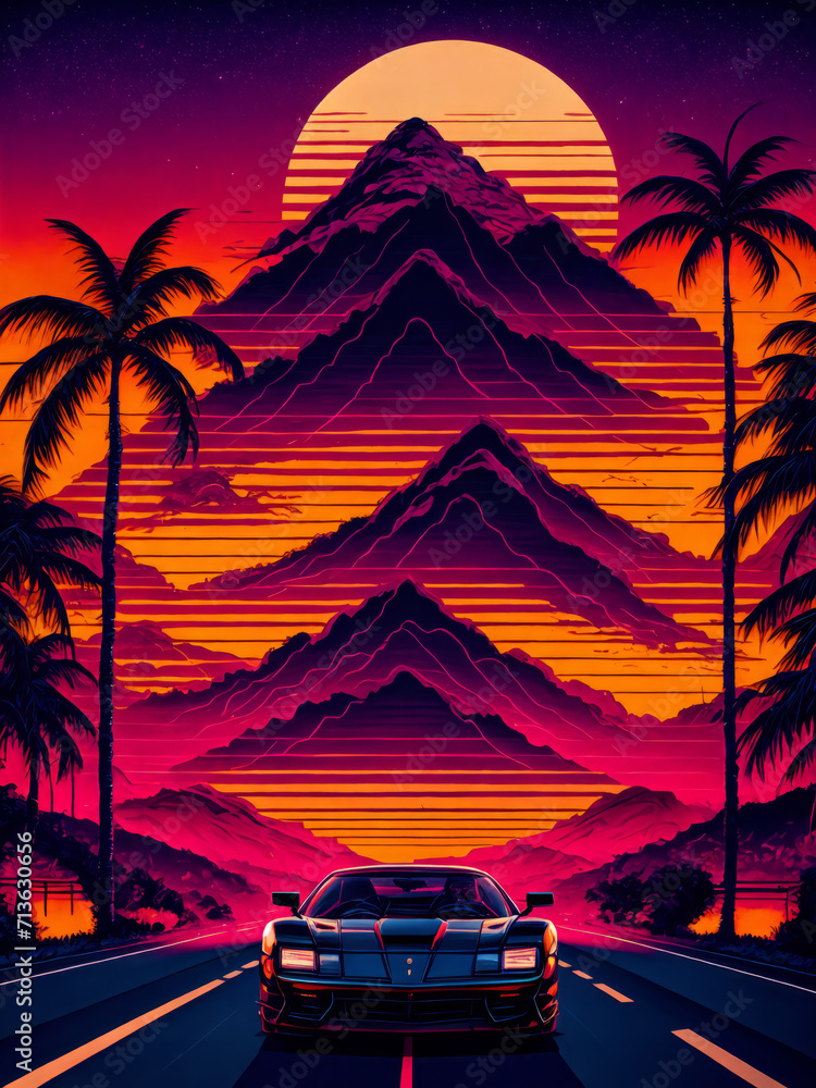 synthwave sunset scenery, a supercar driving down the road on an orange ...