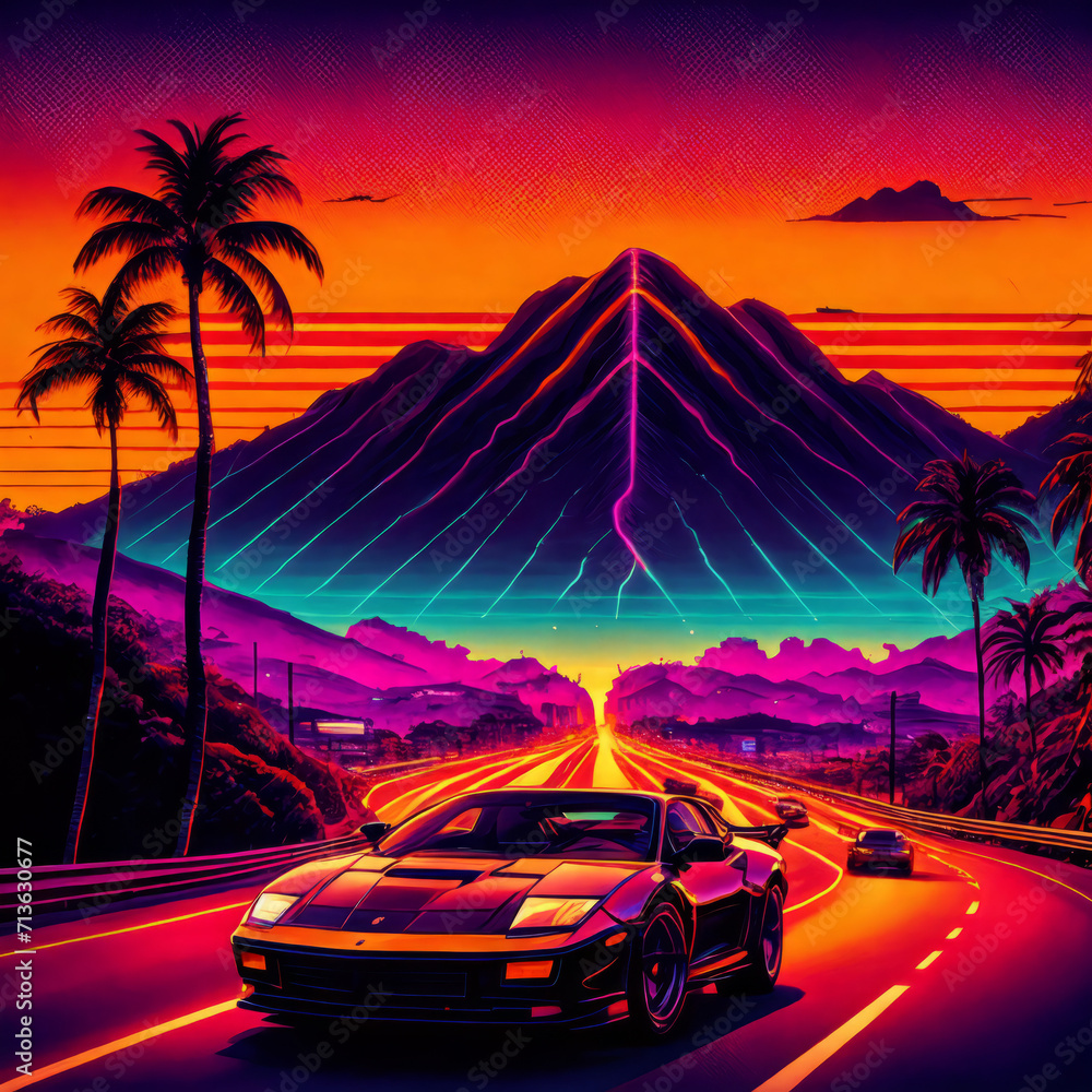 synthwave sunset scenery, a supercar driving down the road on an orange ...