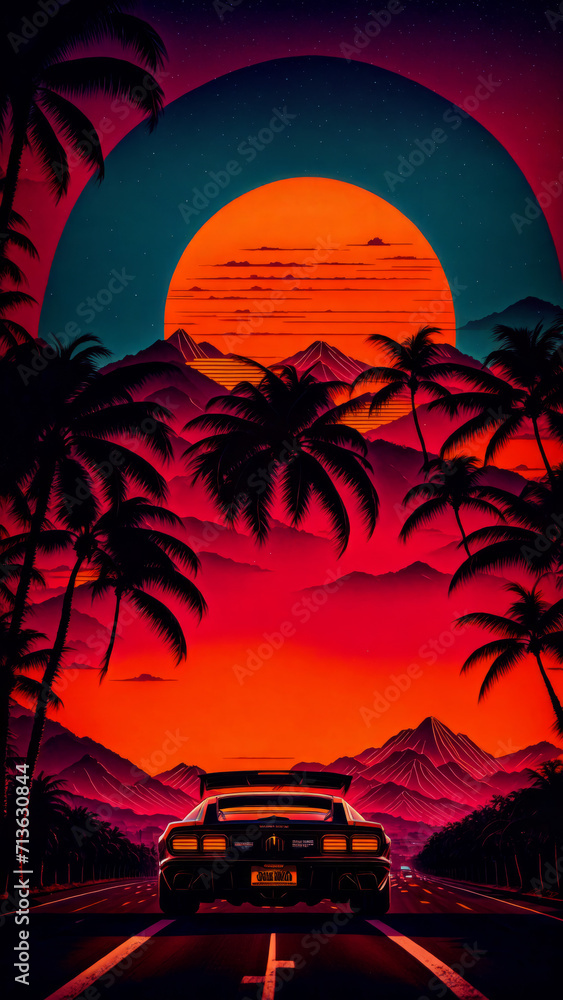 synthwave sunset scenery, a supercar driving down the road on an orange ...