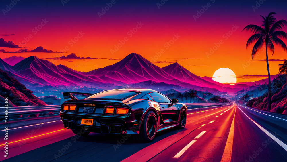 synthwave sunset scenery, a supercar driving down the road on an orange ...