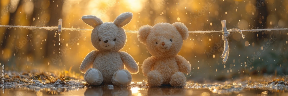 Plush Toys Bunny And Teddy Bear Are Dried, Background Image, Background ...