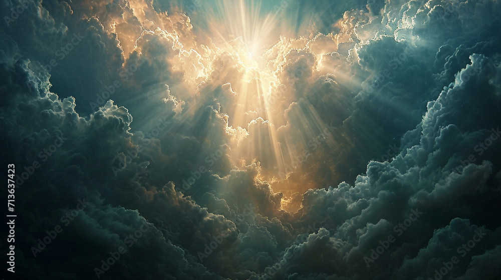 An artistic depiction of the resurrection story with rays of light breaking through dark clouds ...