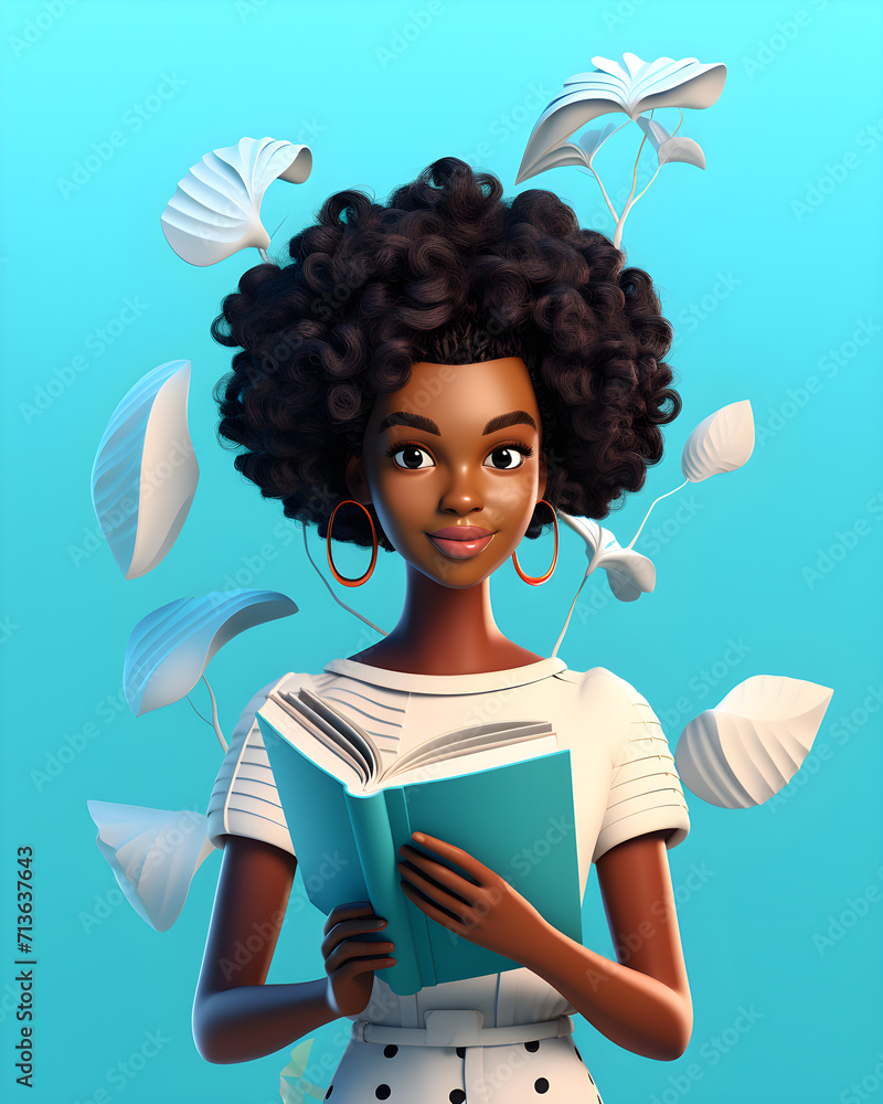 Happy African girl holding a book, school classroom or auditorium ...