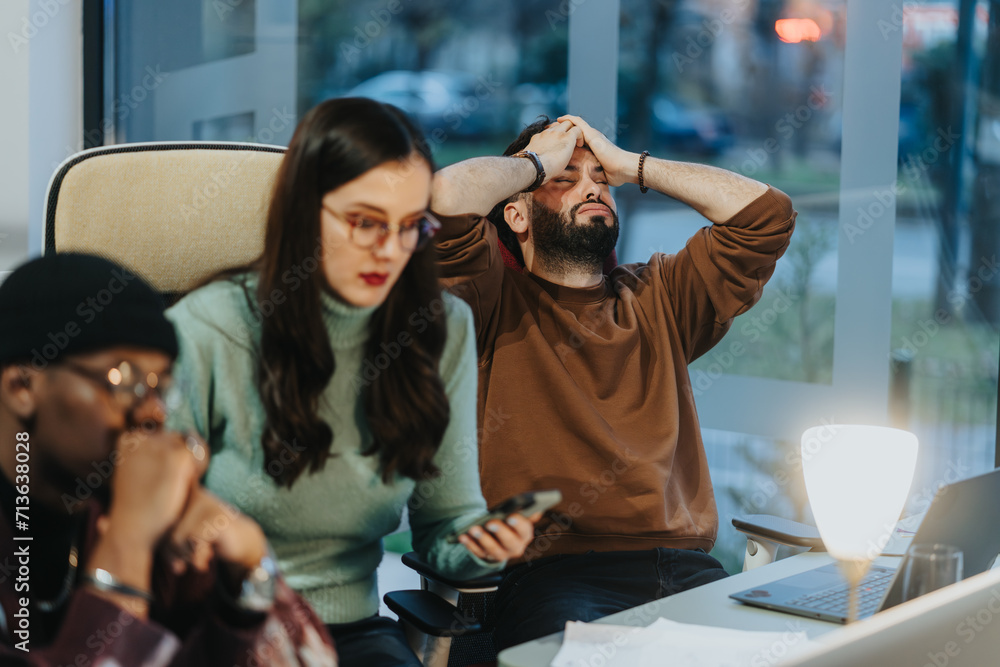 A diverse group of professionals experiencing stress and frustration ...