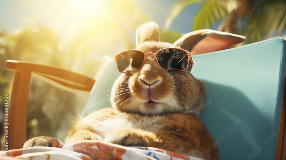 Realistic photo of a cheerful rabbit on vacation, in a Panama hat ...