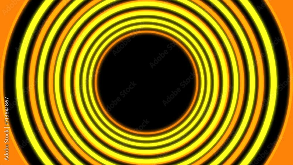 yellow flying circular neon rings zooming animation tunnel background ...