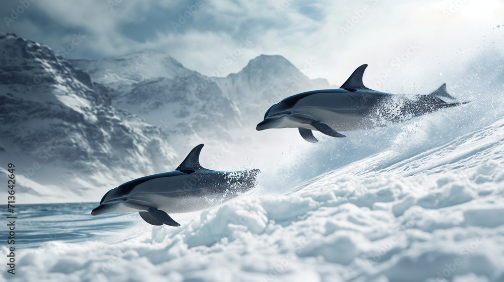 surreal, dolphins swimming diving in snow without water, dolphins in ...